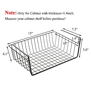 Tebery 4 Pack Black Under Shelf Wire Basket, Hanging Storage Baskets Under Cabinet Add-on Storage Racks, Slide-in Baskets Organizer for Kitchen Pantry Desk Bookshelf