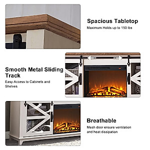 OKD Fireplace TV Stand for 70 75+ Inch TV, Industrial & Farmhouse Entertainment Center w/23 Electric Fireplace & Sliding Barn Door, Rustic Media Console Cabinet for Living Rooms, Antique White