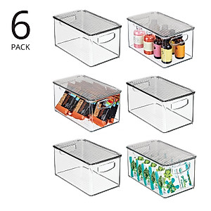 mDesign Plastic Deep Storage Bin Box Container with Lid and Built-In Handles - Organization for Fruit, Snacks, or Food in Kitchen Pantry, Cabinet, Cupboard, Ligne Collection, 6 Pack, Clear/Smoke Gray