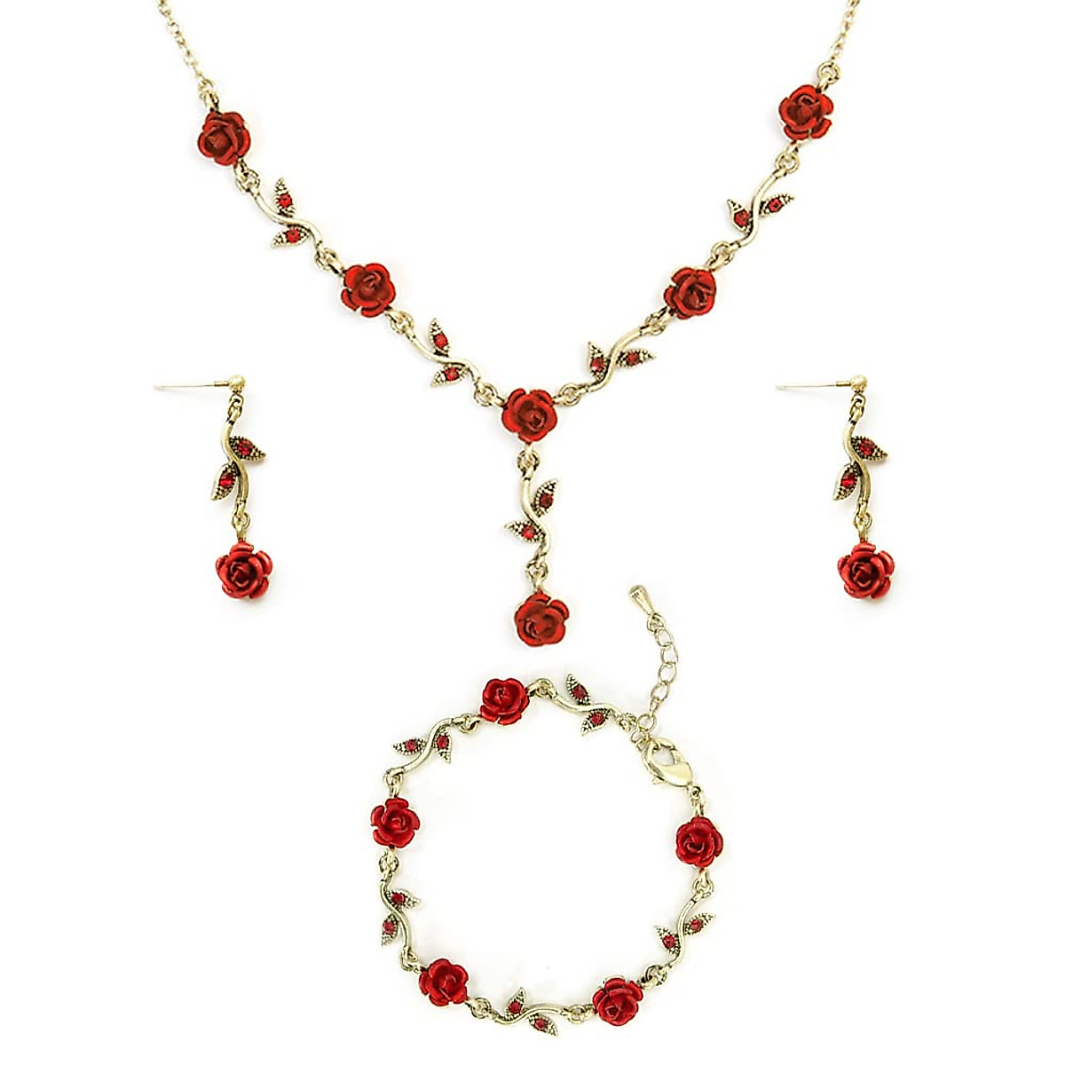 3 PCS 18 Gold Necklace Long Necklace For Women Girls Gold Rose Pendent Bracelet Flower Jewelry Dangle Earrings Set For Valentine's Day Mother's Day Gifts Wedding Gifts