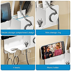 susimond Hair Dryer Holder Wall Mounted, Upgraded Hands-Free Blow Dryer Holder with Phone Holder and Hooks, Wall Mount Bathroom Hot Tool Organizer for Hair Drver, Curling Wand, Straightener