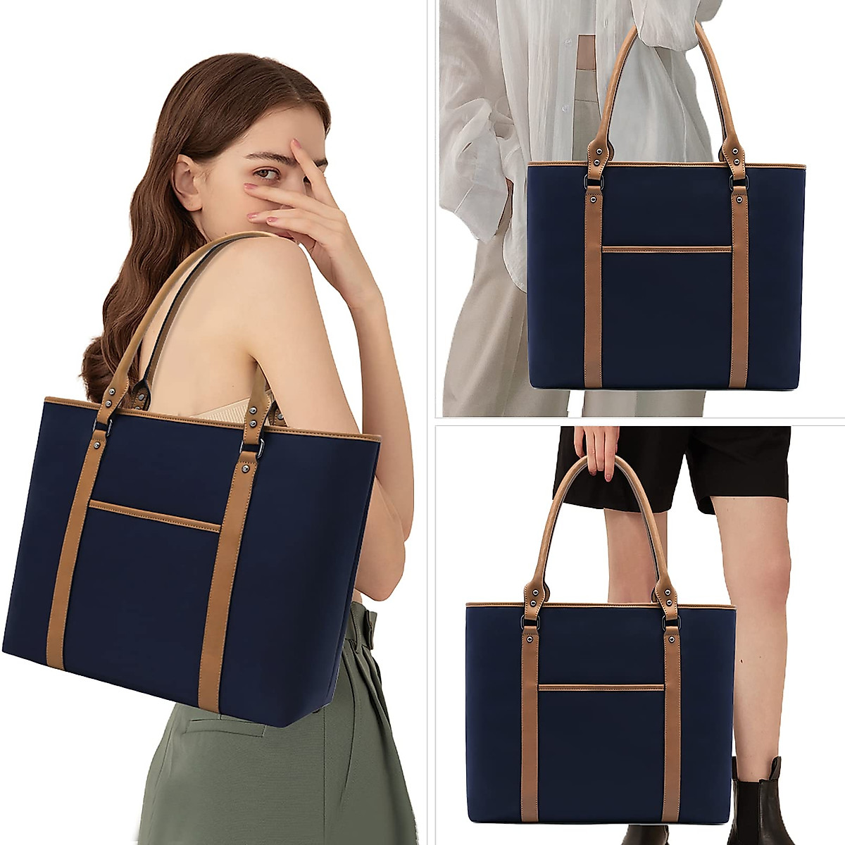 15.6 inch Laptop Bag for Women,Multi Pockets Large Work Bag,Lightweight Water Resistant Nylon Laptop Tote Bag Messenger Bag,Graduation Gifts,Blue