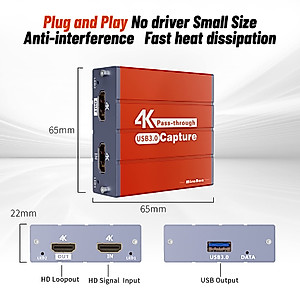 Mirabox USB3.0 4K HDMI Video Capture Card, 1080P 60FPS HD Game Capture Device Cam Link with HDMI Passthrough Work with Xbox PS5 PS4 Switch DSLR for OBS Twitch Live Streaming and Recording (Orange)