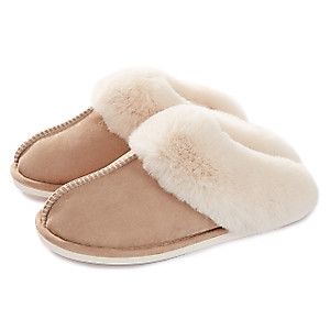 Donpapa Womens Slipper Memory Foam Fluffy Soft Warm Slip On House Slippers,Anti-Skid Cozy Plush for Indoor Outdoor Tan 7-8
