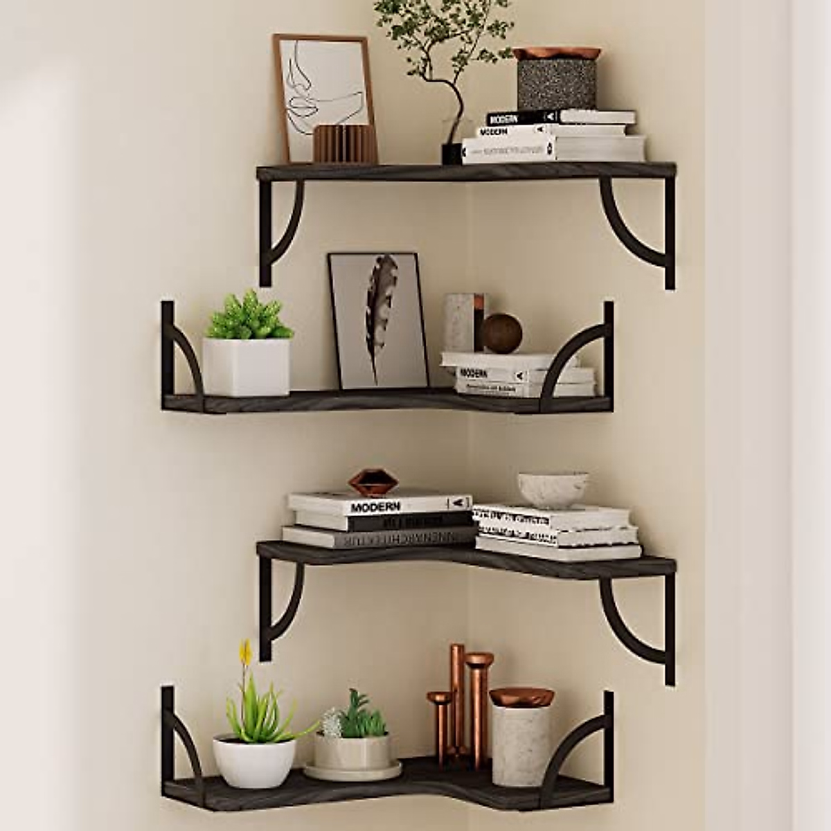 MOLYHOM Wood Floating Corner Shelves, Wall Shelves for Bedroom, 4 Sets of Wall Mounted Shelf