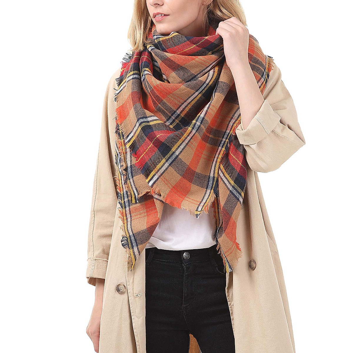 Trendy Women's Cozy Warm Winter Fall Blanket Scarf Stylish Soft Chunky Checked Giant Scarves Shawl Cape Orange