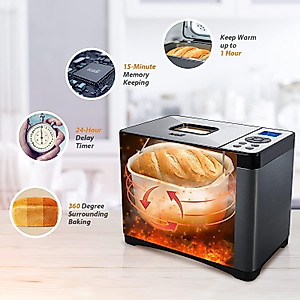 KBS 2LB Bread Maker, 19-in-1 Automatic Bread Machine Stainless Steel with Ceramic Pan,15H Timer&1H Keep Warm, Sourdough, Gluten-Free, 650W Bread Maker Machine with 3 Loaf Sizes 3 Crust Colors, Recipes