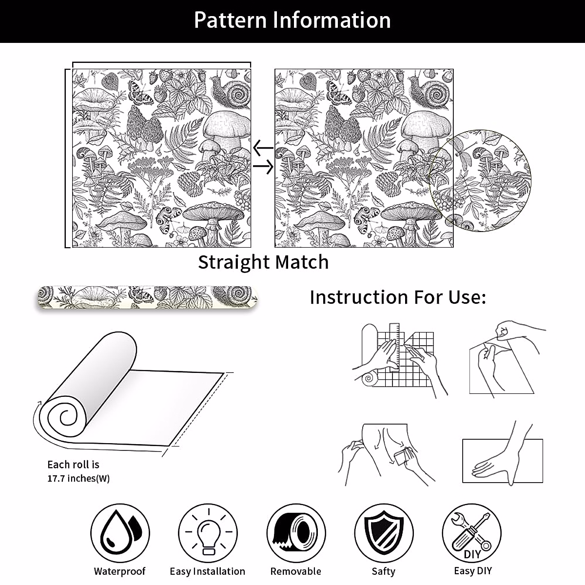 BEETAL Black and White Boho Mushroom Snail Peel and Stick Wallpaper Modern Esay Peel Off Contact Paper Vintage Self Adhesive Removable Stick on Wall Paper for Kitchen Cabinet Furniture Renter Friendly