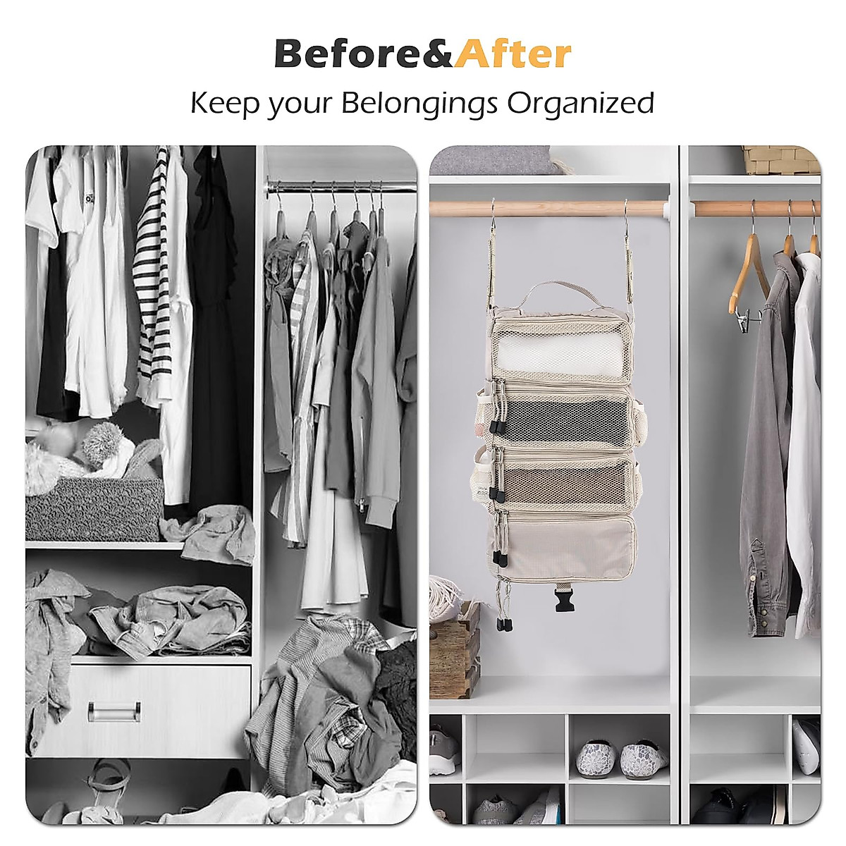 TABITORA Travel Luggage Organizer Hanging Packing Cubes Portable Hanging Shelves Carry on Closet for Suitcase with 2 Hooks,Collapsible(Beige,S)