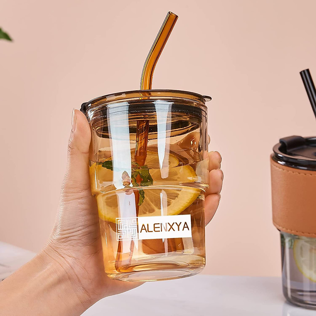 Glass Water Bottles,15oz Glass Tumbler Wide Mouth Mason Jar with Lid and Straw,2 Drinking Ports Aesthetic Cups,Reusable Drinking Jars for Tea, Beer,Iced Coffee,Honey,smoothies,Juice etc (Amber)