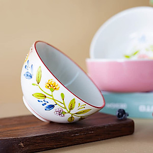 AwakingWaves Funny Hand Painted Flower Ceramic Pasta Bowls for Fruit, Salad, and Soup, Cute Candy Snack Porcelain Round Serving Striped Bowl for Kitchen, Vibrant Color Restaurant Party Decor (red)