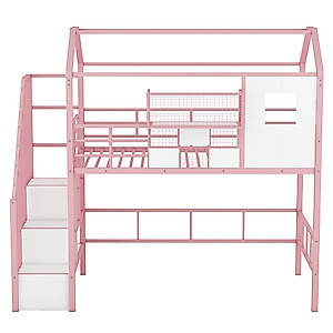 Unique Metal Twin Size House Loft Bed with Roof,Storage Stairs and a Storage Box,for Kids Girls Boys Teens Adults Bedroom Use (Pink@Stairs, Twin)