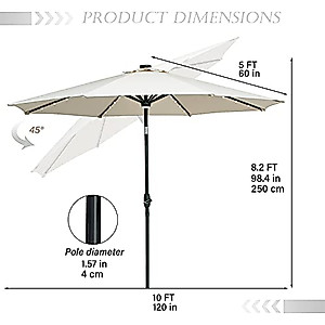 GDY 10Ft Patio Umbrella, Solar Powered 40 LED Lighted Aluminum Outdoor Table Market Umbrella with Tilt and Crank (Khaki)