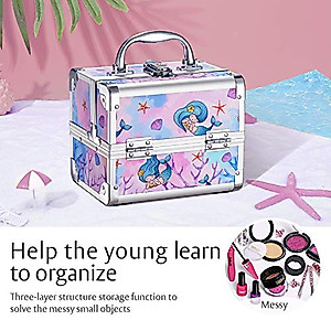 Joligrace Makeup Train Case for Girls Cosmetic Box Kids Jewelry Organizer Hair Accessories Storage Lockable with 2-Tier Trays & Mirror Mermaid Princess