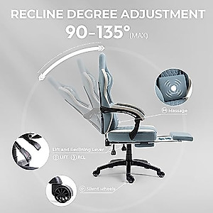 Dowinx Gaming Chair Breathable Fabic Computer Chair with Pocket Spring Cushion, Comfortable Office Chair with Gel Pad and Storage Bags,Massage Game Chair with Footrest,Blue
