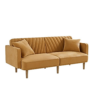 Nolohoo Futon Sofa Bed, Modern Small Couch, 75" Comfy Sleeper Loveseat with 2 Pillows, Velvet Fabric Convertible Sofa Cama Couches for Living Room, Apartment, Mustard Yellow