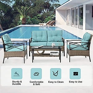 YIORTWO 4 Piece Patio Furniture Set Outdoor Conversation Furniture Sets, Wicker Patio Sectional Furniture with Waterproof Cushions and Coffee Table for Garden Poolside Balcony Porch, Blue
