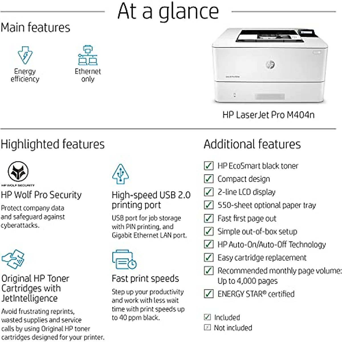 HP Laserjet Pro M404n Black and White Single-Function Wired Laser Printer, White - Print only - 2-line LCD Display, 40 ppm, 4800 x 600 dpi, Ethernet, Hi-Speed USB, Cbmoun Printer_Cable