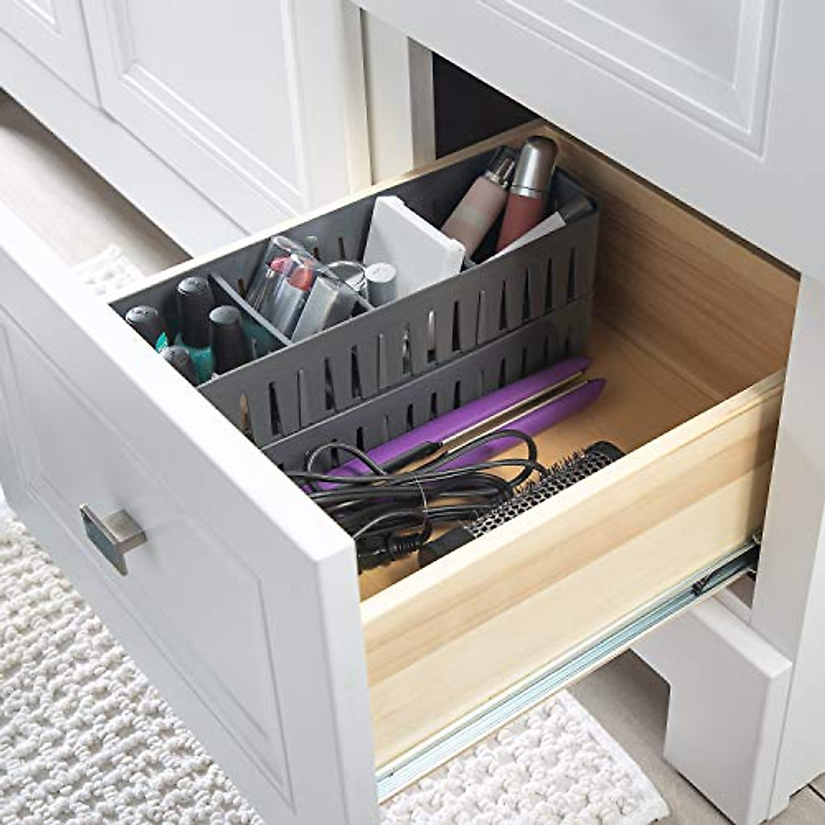 Simplify 2 Pack 4 Compartment Stackable Bin with Adjustable Dividers | Drawer Organizer | Storage Basket | Good for Office | Desk Supplies | Dorm |Bathroom | Accessories | Make Up | Grey