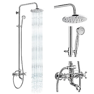 gotonovo Exposed Shower Faucet Set 8 Inch Rainfall Showerhead 3-Function Shower Fixture with Tub Spout 2 Corss Handles Shower System Polish Chrome