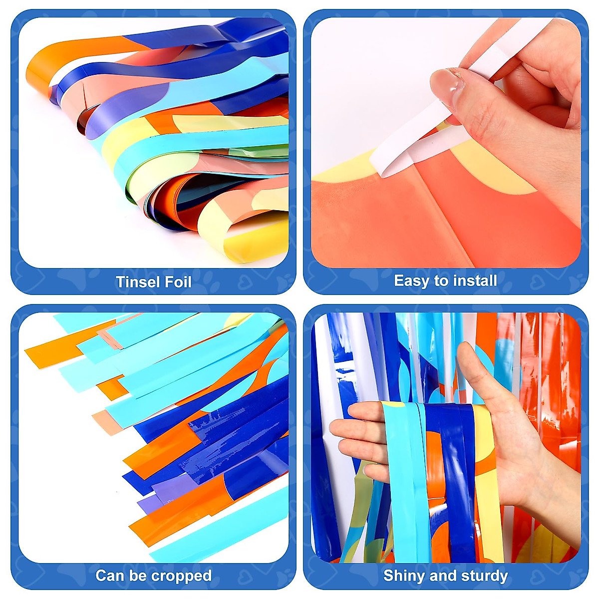 WovWeave 2 Packs Blue Dog Fringe Curtains 3.3 x 6.6 Ft Dog Paw Foil Fringe Backdrop Orange Blue and Light Blue Tinsel Streamers for Blue Dog Themed Baby Shower Birthday Party Supplies Decorations