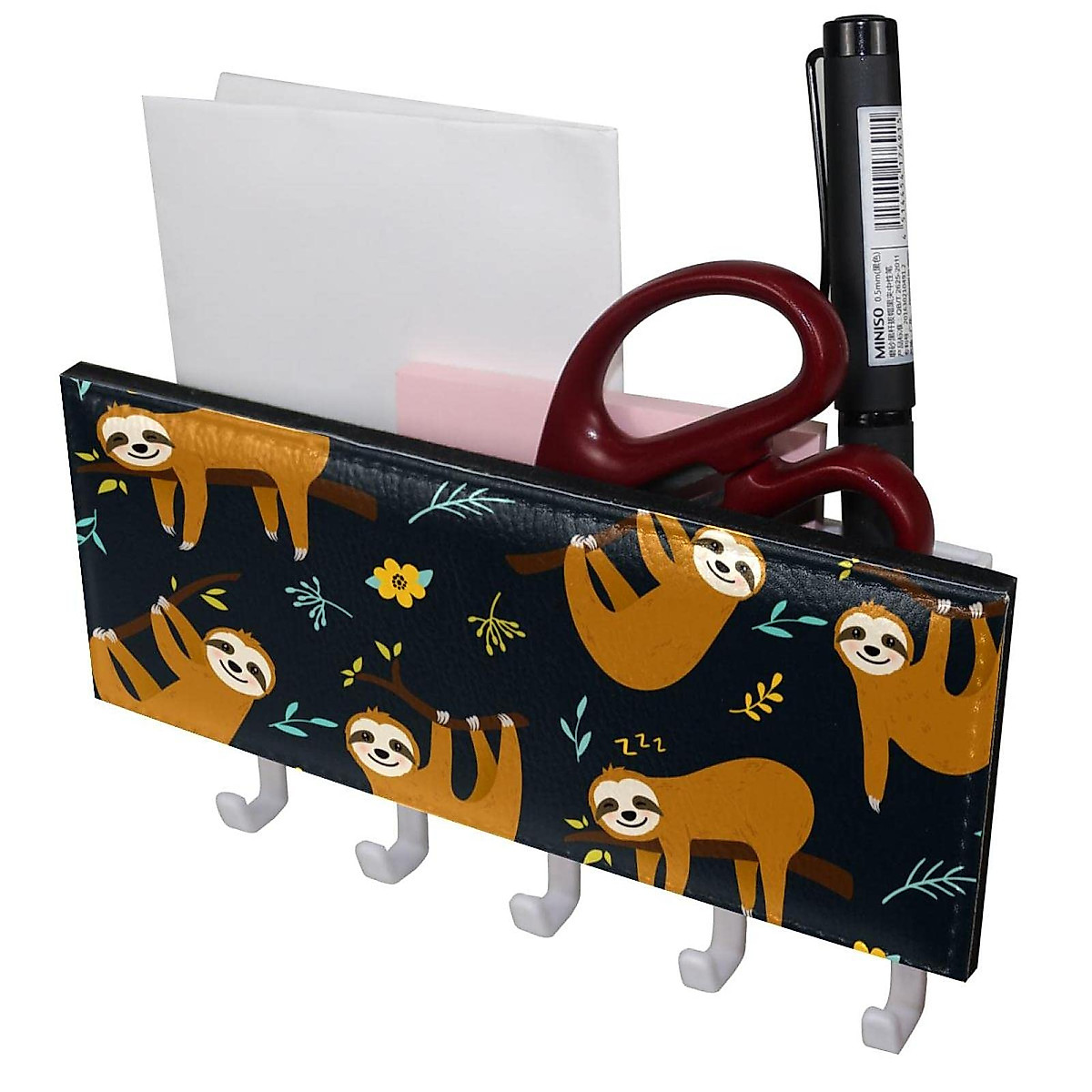 Cute Baby Sloth Sleep on Tree Key Holder for Wall with Mail Organizer, Self Adhesive Key Rack with 5 Hooks, Decorative Home Decor for Entryway Bathroom Kitchen