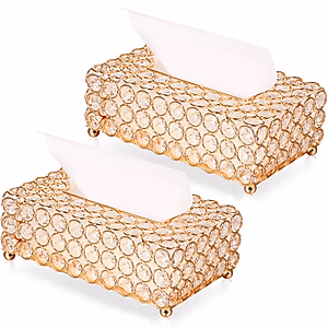 2 Pieces Rectangular Crystal Tissue Box Cover Crystal Tissue Box Holder Bling Tissue Holder Decorative Toilet Paper Box Rectangle Steel Napkin Case Napkins Container for Bathroom Table Decor (Gold)