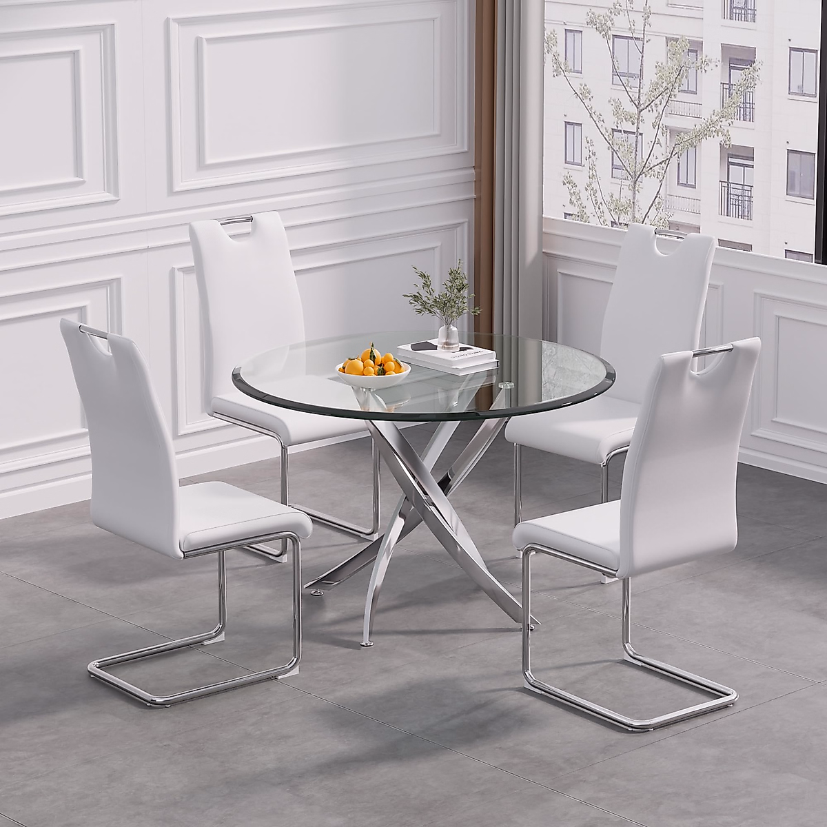 36" Round Dining Table for 4, Glass Kitchen & Dining Room Tables, Modern Circle Dining Room Table w/0.39" Tempered Glass Tabletop,Silver Finish Stainless Steel Legs for Dinner Small Space(No Chairs)
