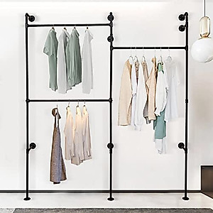 LiFuJunDong Wall Mounted Industrial Pipe Clothing Rack, Black Clothing Rack Heavy Duty Metal Commercial Clothes Racks for Hanging Clothes, Clothing Rods Vintage Retail Garment Rack Display Rack