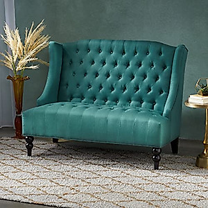 Christopher Knight Home Leora Traditional Tufted Velvet Wingback Loveseat, Dark Teal / Dark Brown