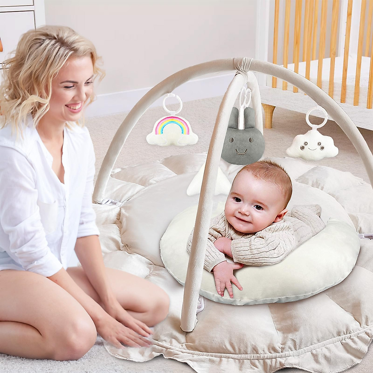 Aokeyee 5 in 1 Thick and Plush Baby Play Gym Mat,Activity Gym & Play Mat with Moon Pillow,Convertible Stage-Based Developmental from Baby to Toddler
