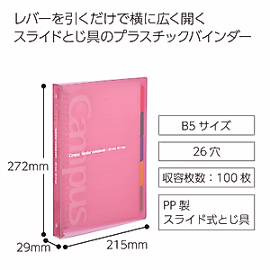 Kokuyo Campus Slide Binder with 5 Tab Dividers, Middle Type, B5, 26 Holes, Up to 100 Sheets, Pink, Japan Import (RU-P333NP)