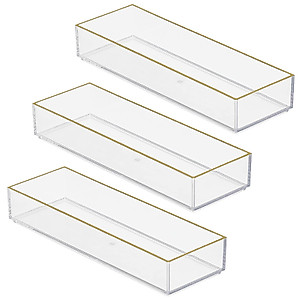 mDesign Slim Plastic Drawer Organizer, Storage Container for Cosmetics, Makeup, and Accessories on Bathroom Vanity, Countertop, or Cabinet - Lumiere Collection - 3 Pack - Clear/Soft Brass