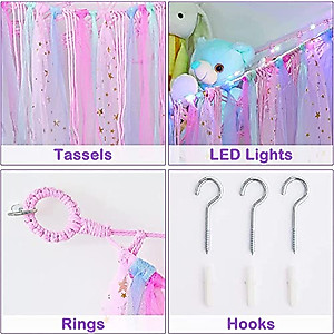 Stuffed Animal Net or Hammock with LED Light, FKSP Toy Hammock Hanging Stuffed Animal Storage Organizer Holder Room Décor with Tassels for Nursery Play Room Kids Bedroom