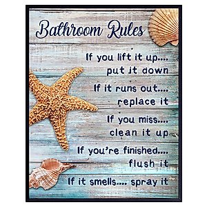 Nautical Rustic Bathroom Decor - LARGE 11x14 - Coastal Beach House Bathroom Rules Wall Art - Starfish, Seashells Restroom Sign, Bath Art - Ocean, Sea House Powder Room Art - Shabby Chic Gift