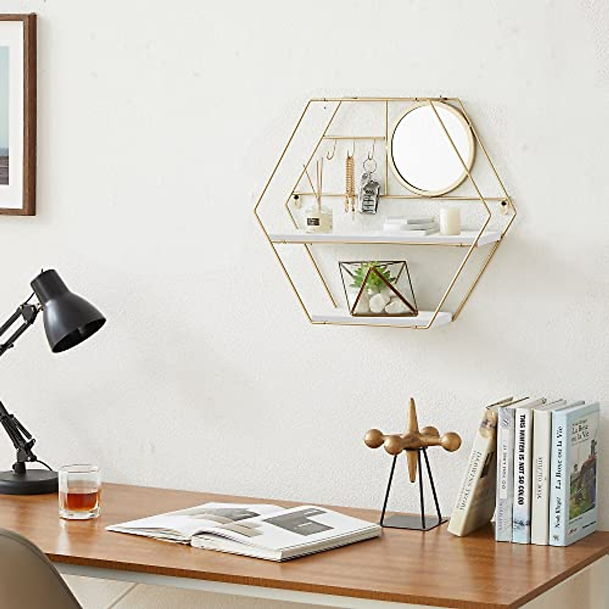 TFER Floating Shelves Wall Mounted Hexagon Wall Shelf Hanging Shelves for Wall Storage Rustic Wood Wall Shelves for Bedroom, Living Room, Bathroom, Kitchen, Office, with Mirror and Hooks (Gold)