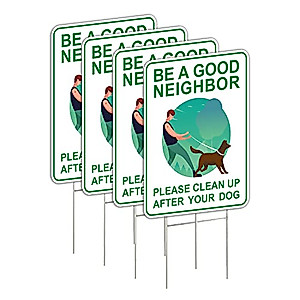 Clean Up After Your Dog Signs (4 Pack, 9 x 12") With Metal H-Stakes, Double Sided,No Dog Poop Lawn Signs,Outdoor & Sturdy