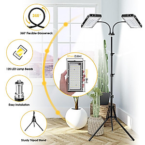 Gilouppe Grow Lights for Indoor Plants, 120 LEDs 6000K Full Spectrum Growing Lamp with Adjustable Tripod Stand 16-63", Dual Heads Plant Light for Indoor Plants with Auto On/Off Timer, 3 Switch Modes