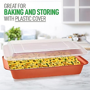 NutriChef 5-Piece Baking Pans Set - Stackable Cookie Sheets & Roasting Pan w/ Lid - Convenient Sizes for Cooking & Baking, Includes Built-in Silicone Handles - Easy to Clean, Copper