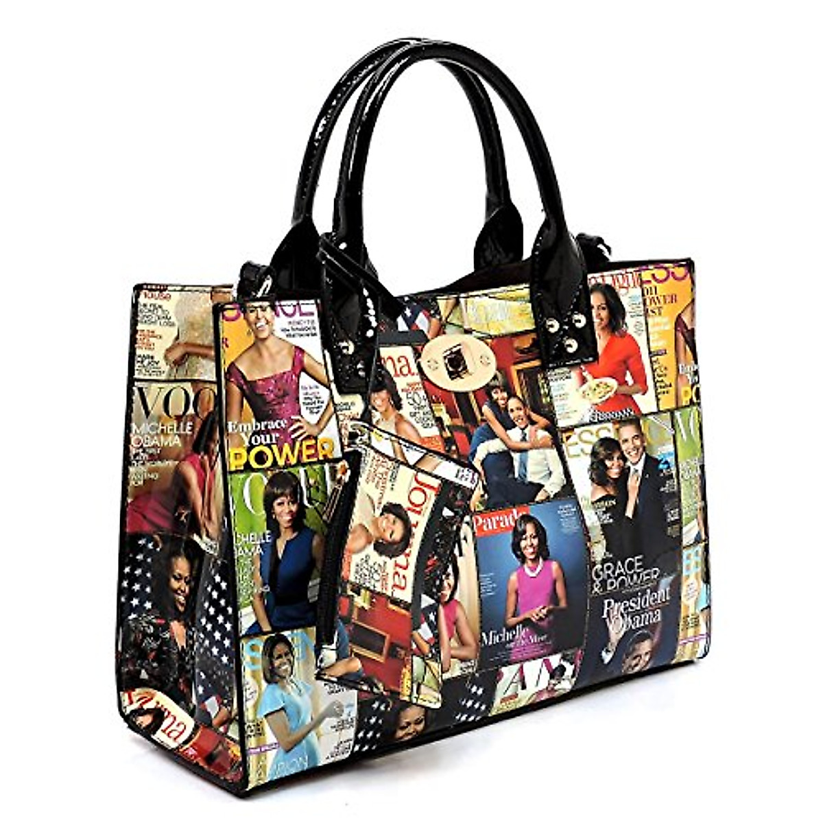 Glossy Magazine Cover Collage 3-in-1 Shoulder Bag Hobo Michelle Obama Handbag (3-Mulit)