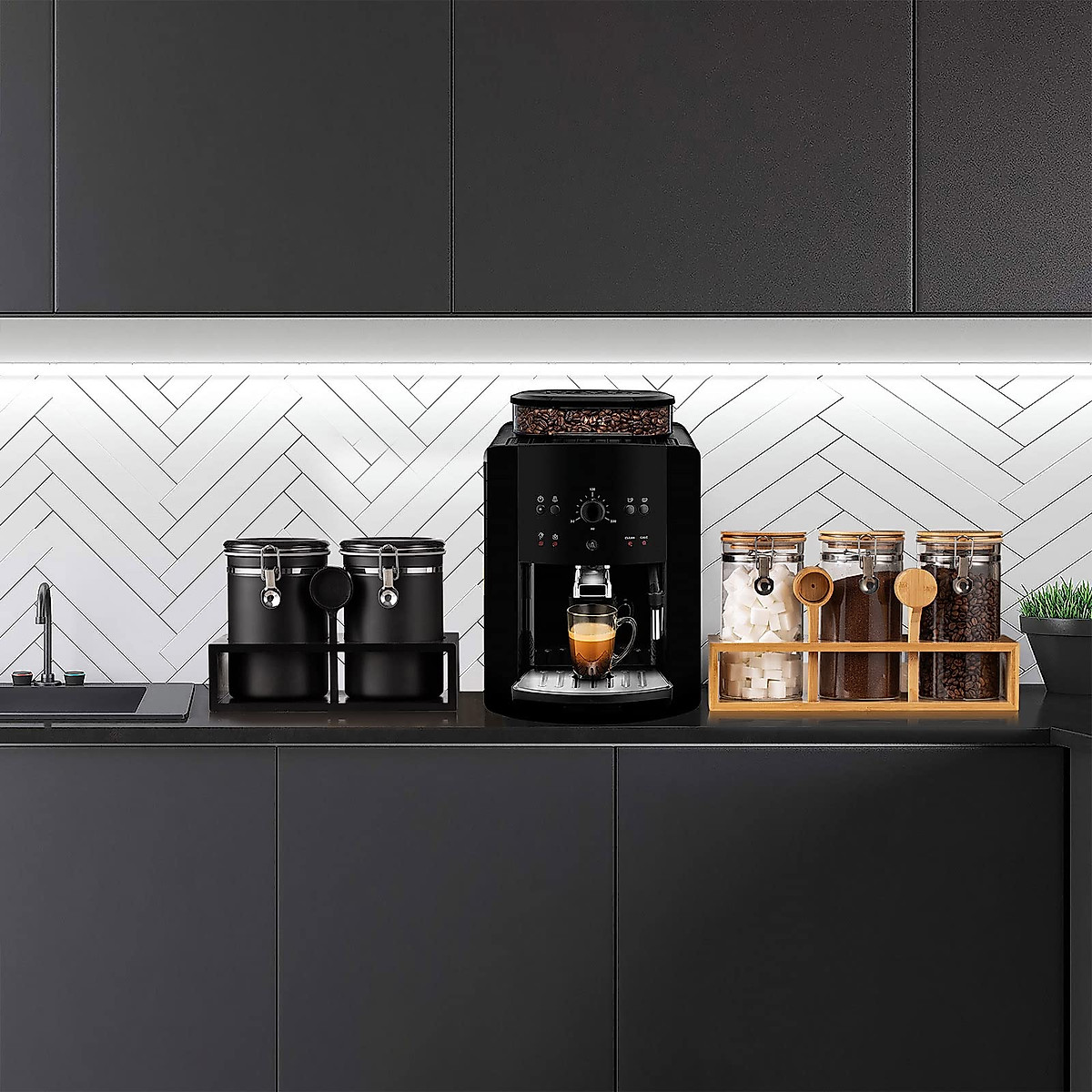 Yangbaga 304 Stainless Steel Coffee Containers with Shelf,2 x 66 FLOZ Coffee Bean Storage with Airtight Locking Clamp and Spoon, Large Capacity Food Storage Jar for Kitchen