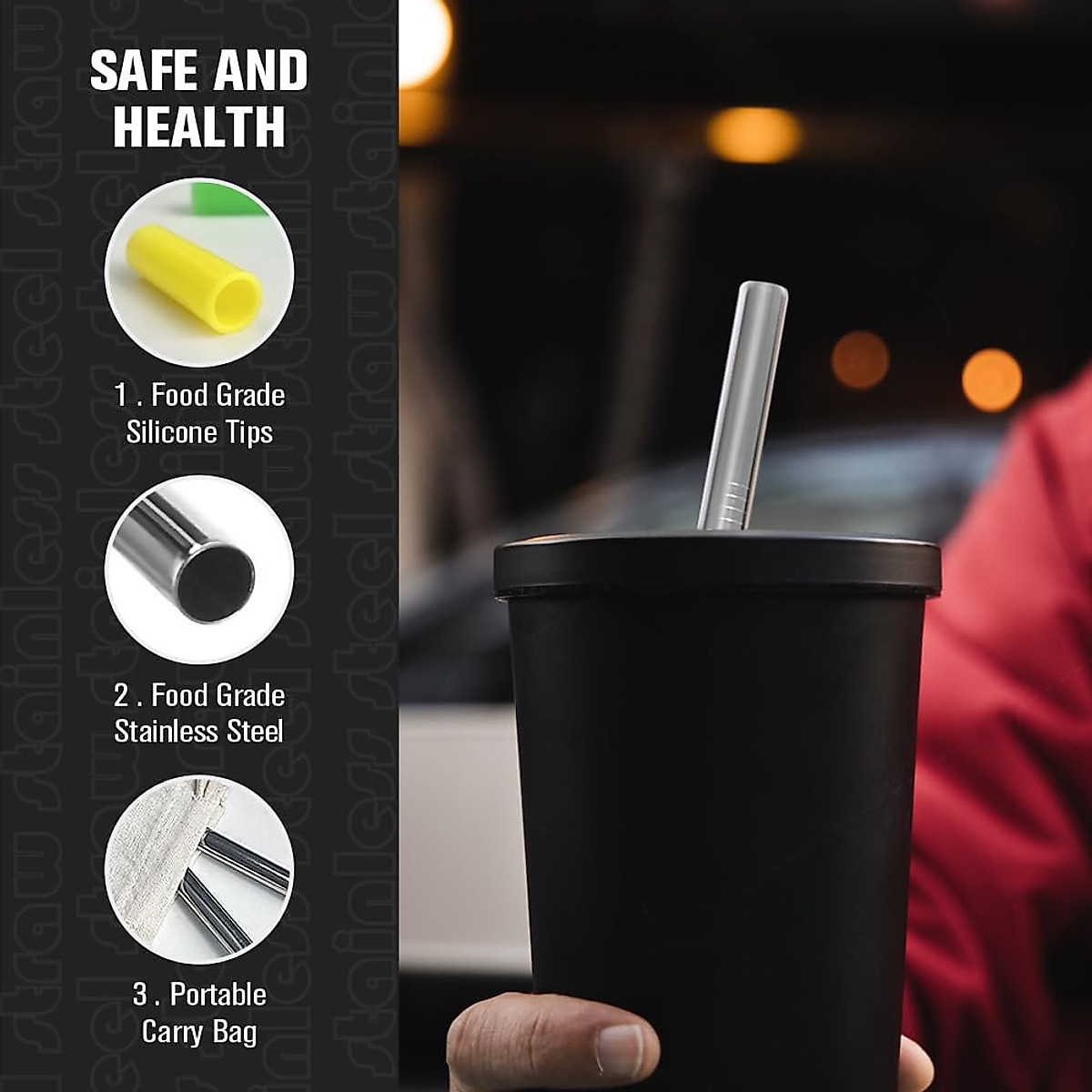 8 Piece 5/16 inch (8mm) Wide Straight Stainless Steel Straws for Travel 40oz Tumblers, 12 Inch Long Reusable Metal Straws, Replacement Straws with Silicone Tips & Cleaning Brush, Silver