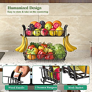OKZEST 2 Tier Fruit Basket with 2 Banana Hangers, Vegetable Fruit Basket Bowl for Kitchen Countertop, Metal Fruit Storage Stand Holder Organizer for Bread Snack Potato Onion Produce