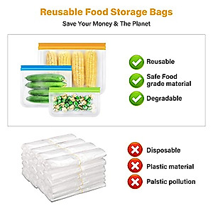 Reusable Food Storage Bags, 6 Pack BPA Free Reusable Freezer Bags, Extra Thick Leakproof Resealable Silicone Lunch Food Bags for Meat Veggies 2 Gallon Bags 2 Sandwich Bags 2 Snack Bags