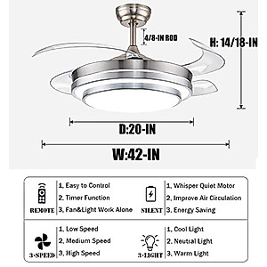 Fandian 42" Modern Ceiling Light with Fans Remote Control, 4 Retractable Blades with 3 Light Color Change Ceiling Fan for Living Bedroom Restaurant, Silver Color with Silent Motor (42In-1)