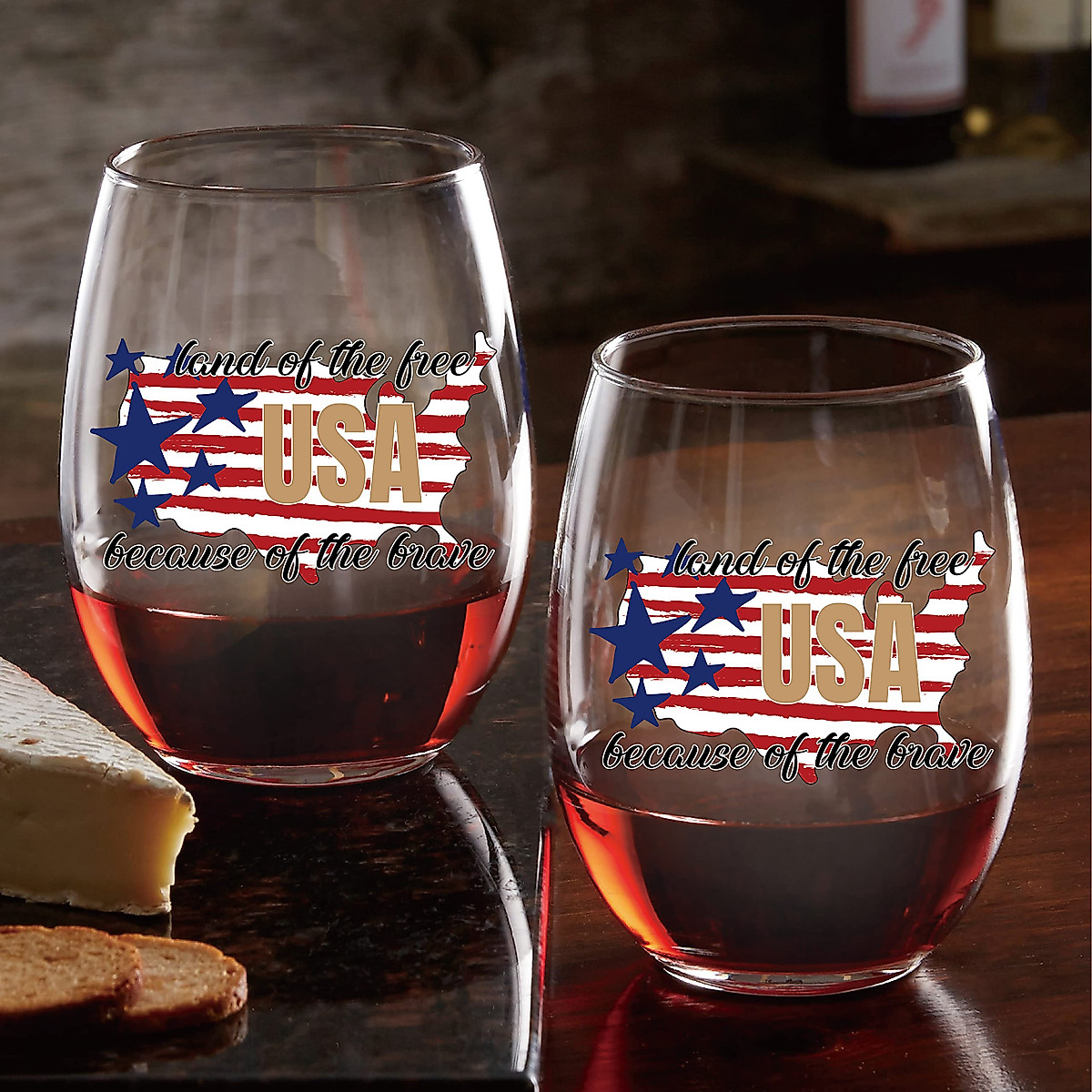 Pishovi USA Land of The Free Because of The Brave Wine Glass with Gift Box, Funny Flag Stemless Wine Glass, Memorial Day Gift, Day of Honor Retirement Gifts for Dad Grandpa Veteran Gifts