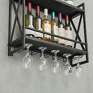 Industrial Wine Rack 14 Bottles Wall-Mounted Wine Cabinet with 5 Glasses Holder Metal Wine Storage Shelf Multi-Function Display Rack for Home Bar Restaurant Kitchen 23.6'' x7.9'' x20.5''