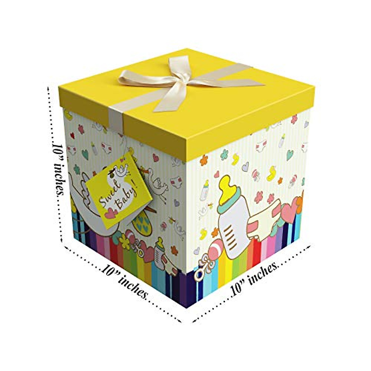 Gift Box 10x10x10 Petit Bebe Collection - Easy to Assemble & Reusable - No Glue Required - Ribbon, Tissue Paper, and Gift Tag Included - EZ Gift Box by Endless Art US