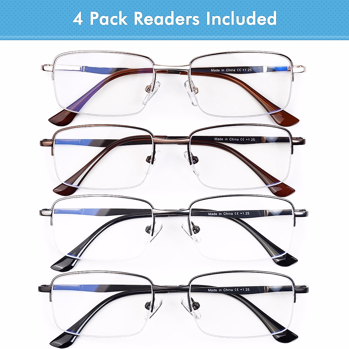 FelixAim 4 Pack Blue Light Blocking Reading Glasses for Men 2.0 Half Rim Metal Readers with Spring Hinge Computer Eyeglasses