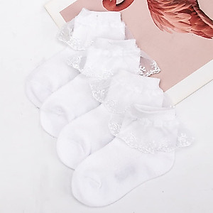 4 Pairs Toddler Baby Girls Lace Princess Socks Cotton Ruffled Solid Ankle Socks White 1-4T